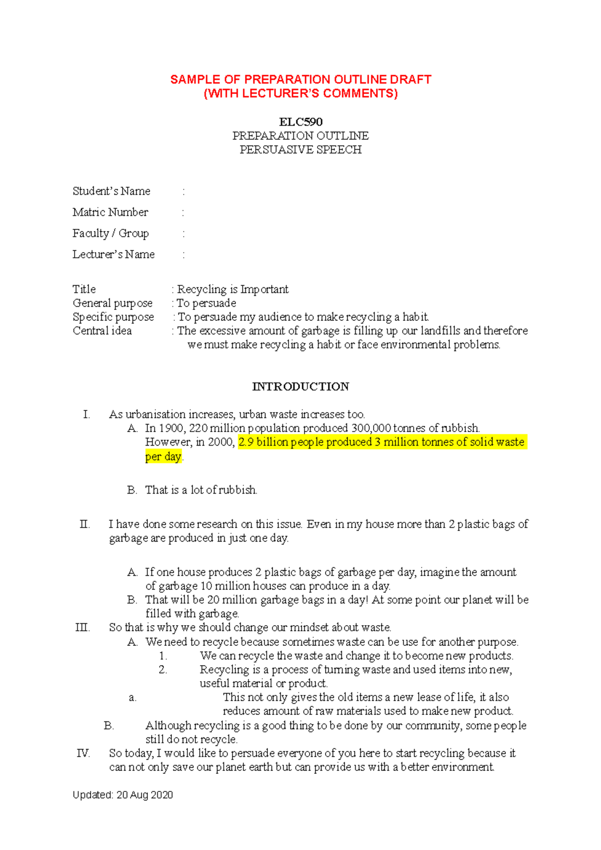 PS PREP Outline Draft Sample (2008 20) - SAMPLE OF PREPARATION OUTLINE ...