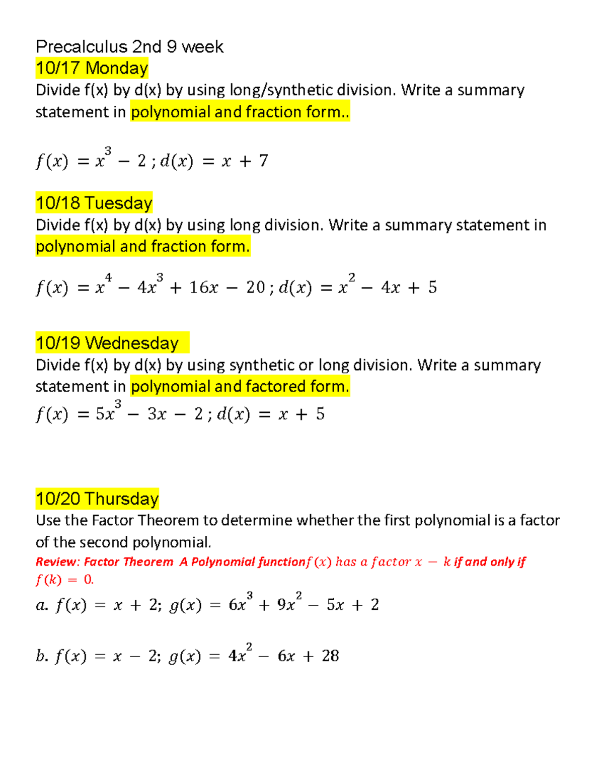 Precalculus 2nd 9 weeks BW 10 17-21 - Precalculus 2nd 9 week 10/17 ...