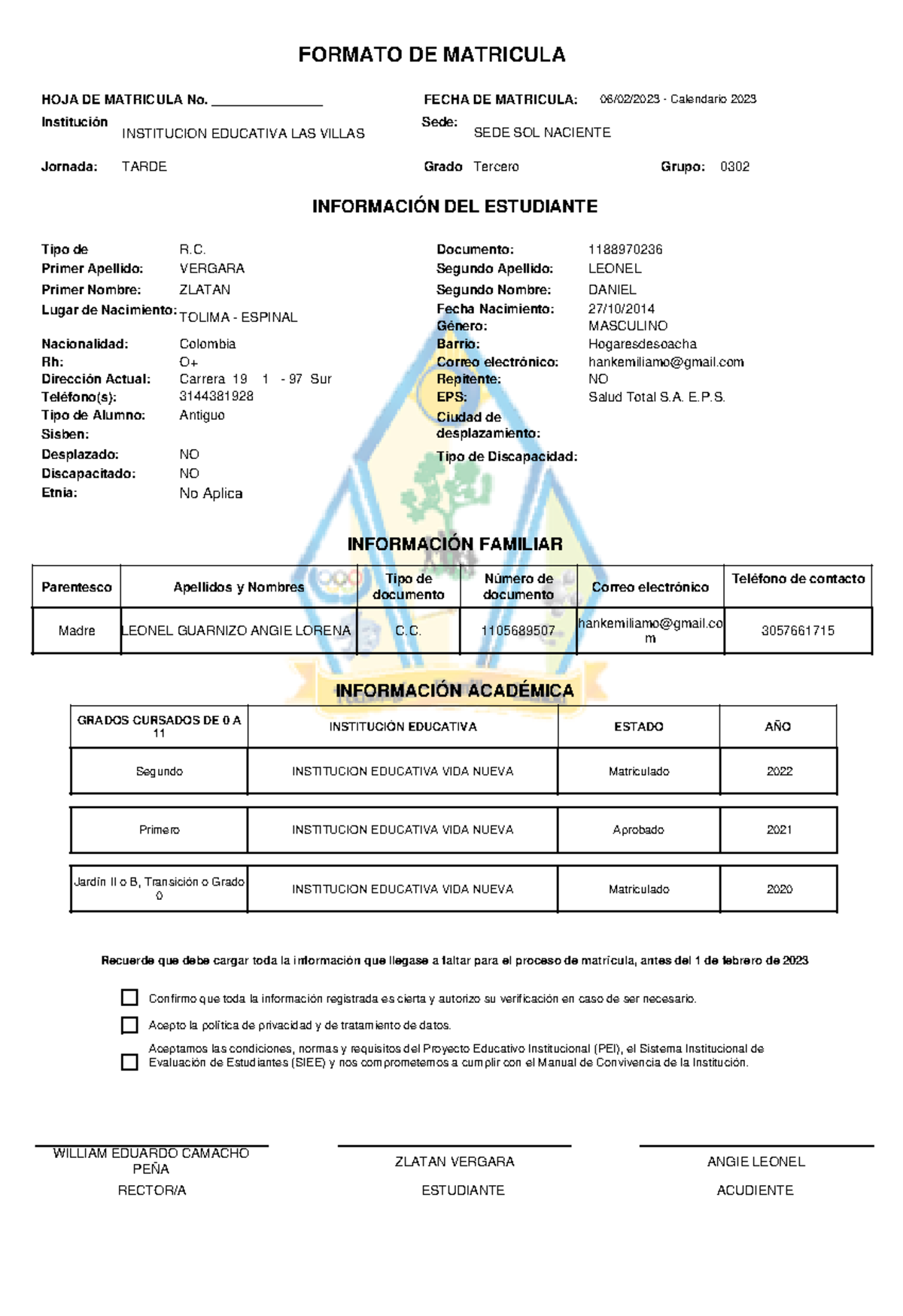 Matricula 119097 - Asdfc - FORMATO DE MATRICULA HOJA DE MATRICULA No ...