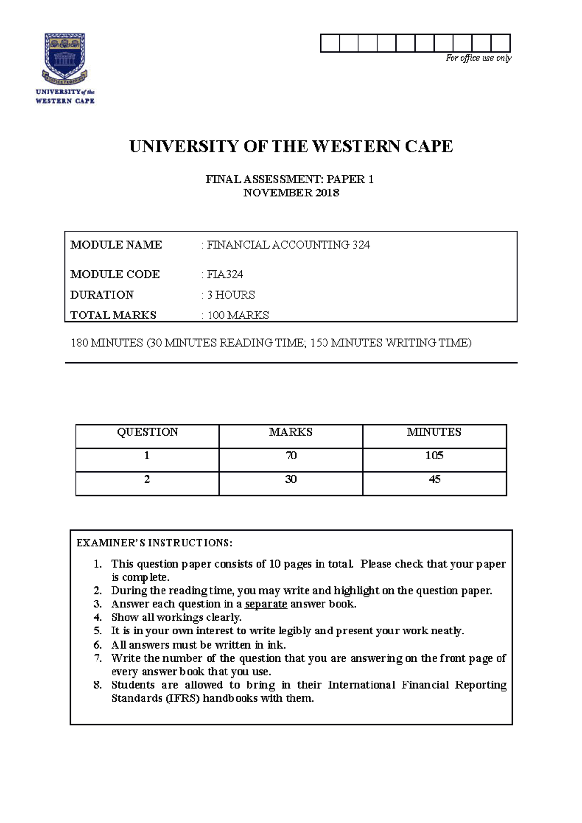 Intergrated question - For office use only UNIVERSITY OF THE WESTERN ...