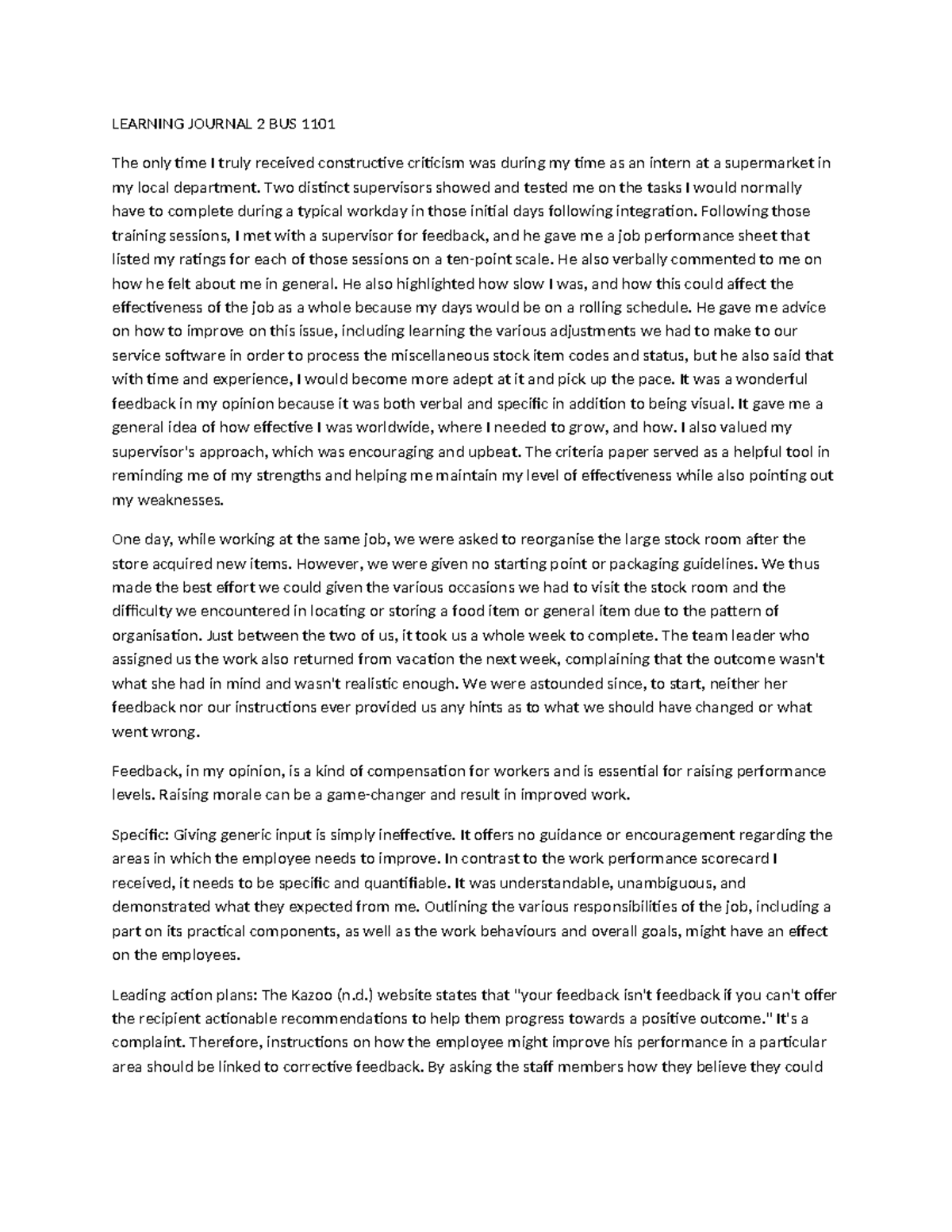 Learning Journal UNIT 2 BUS 1101 - LEARNING JOURNAL 2 BUS 1101 The only ...