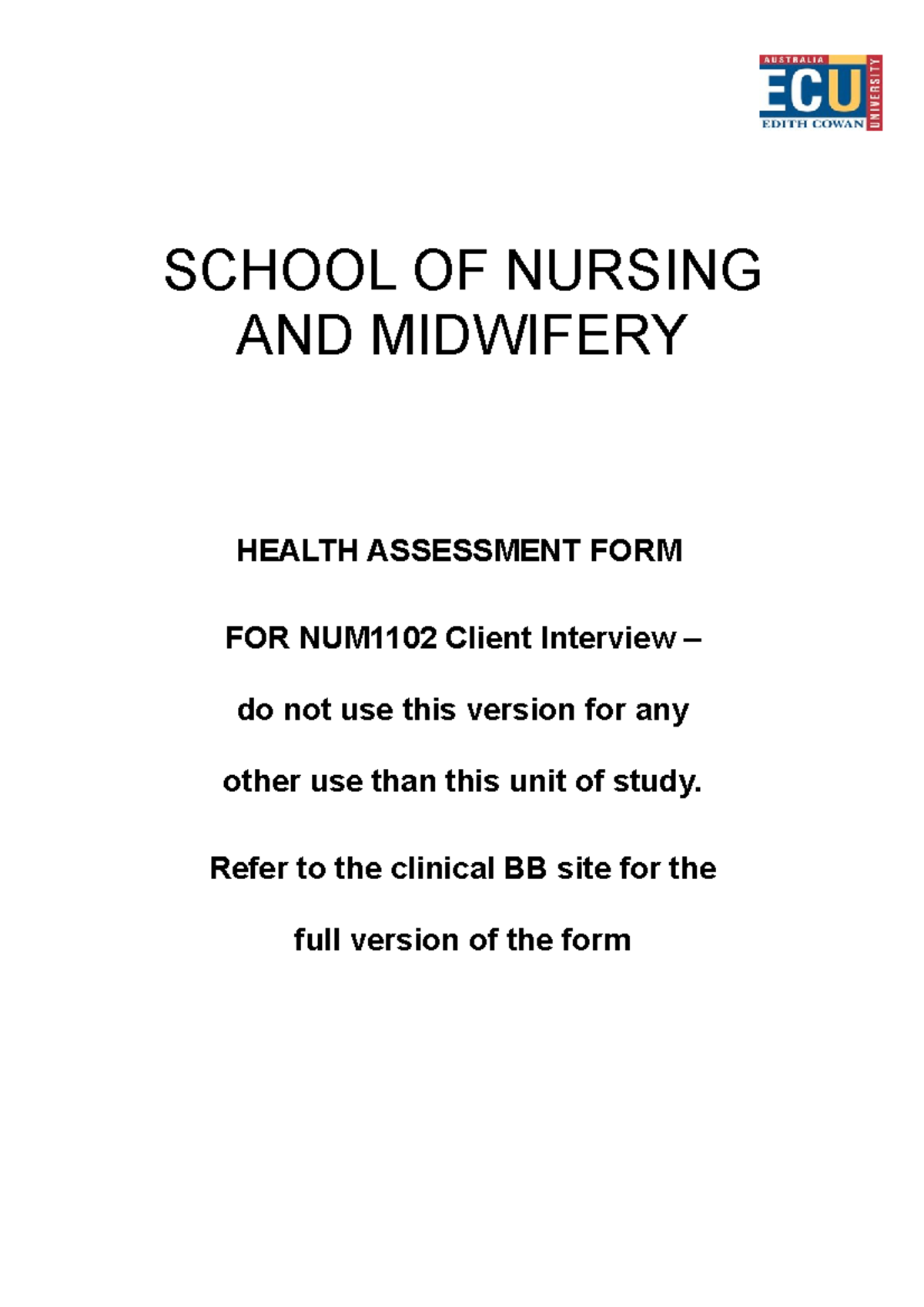 Heath assessment form - part A - NUM1203 - ECU - Studocu