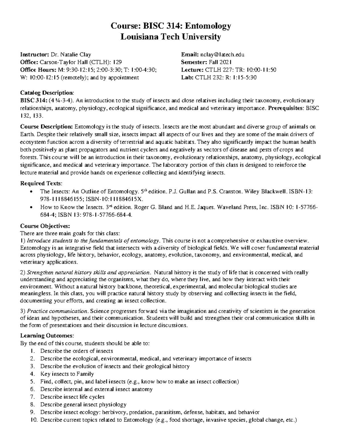 Syllabus Entomology Clay Fall2021 - Course: BISC 314: Entomology ...