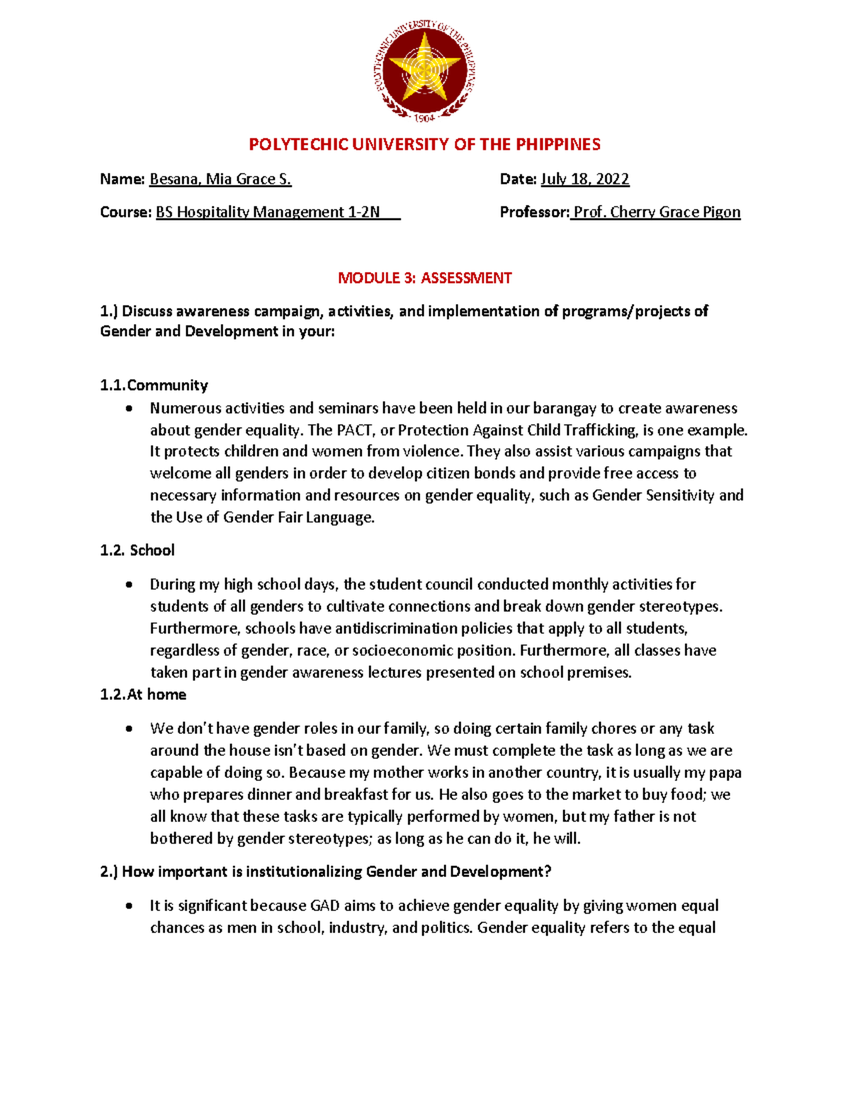 Besana, MIA Gtace S. Module 3 Assessment - POLYTECHIC UNIVERSITY OF THE ...
