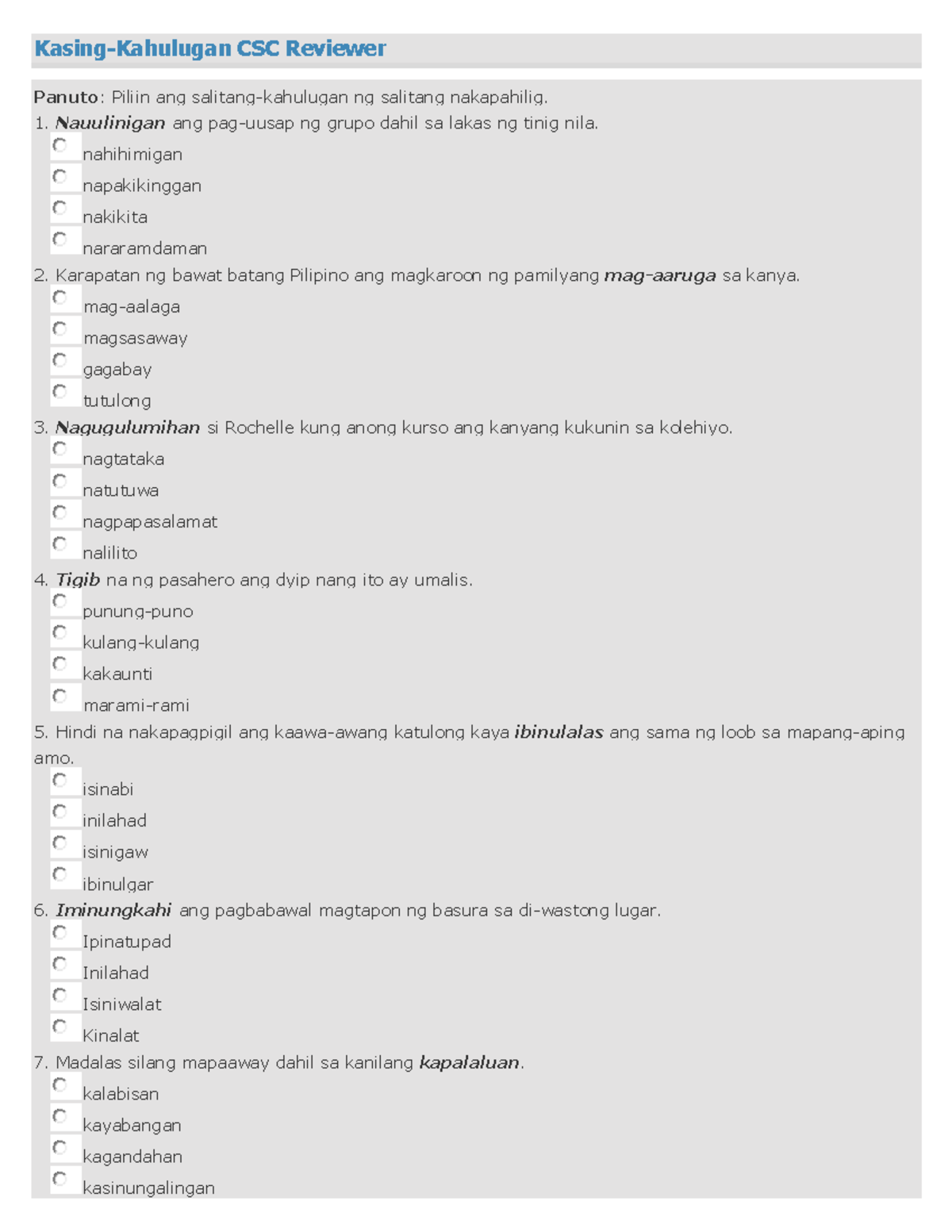 Civil Service Exam Reviewer Compress - Kasing-Kahulugan CSC Reviewer ...