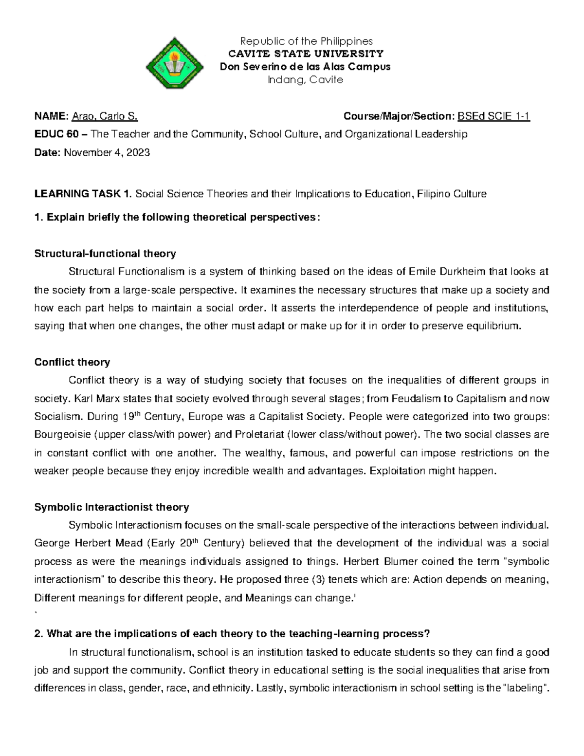 Learning Task 1 - Republic of the Philippines CAVITE STATE UNIVERSITY ...