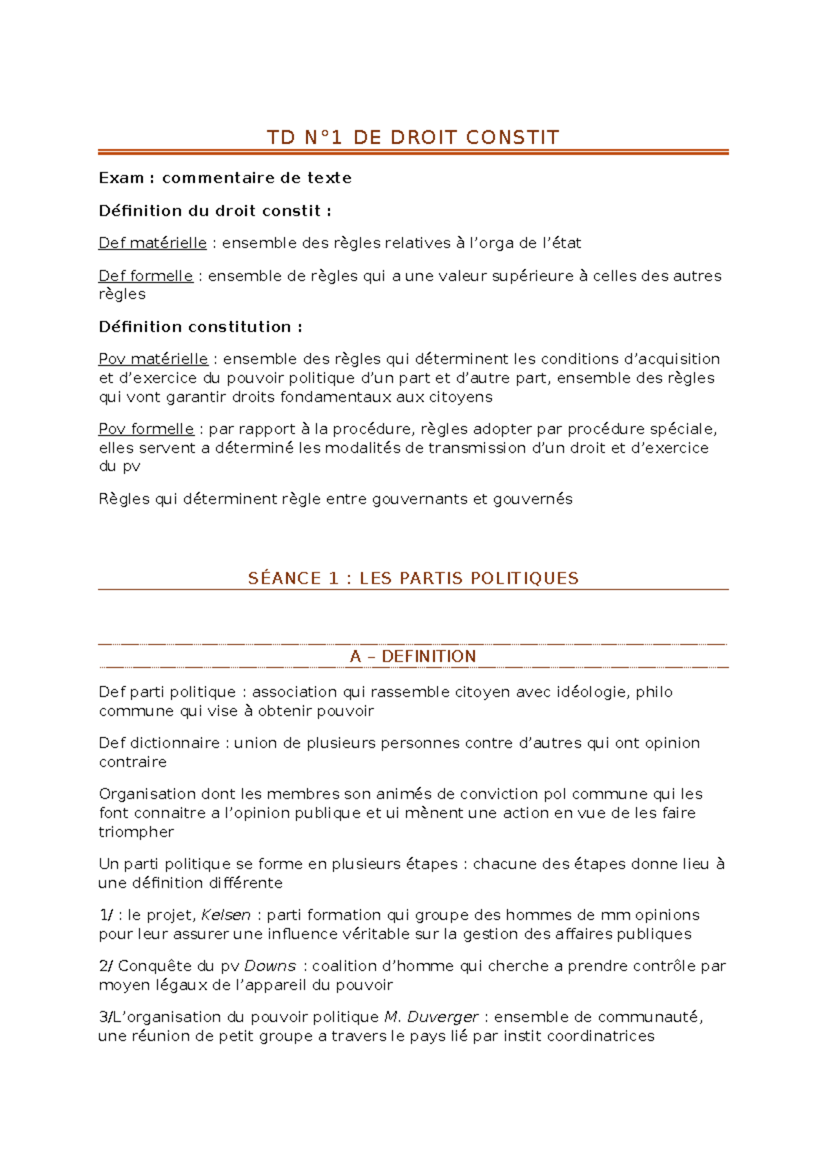 Td n°1 de constit - TD N°1 DE DROIT CONSTIT Exam : commentaire de texte Définition du droit ...
