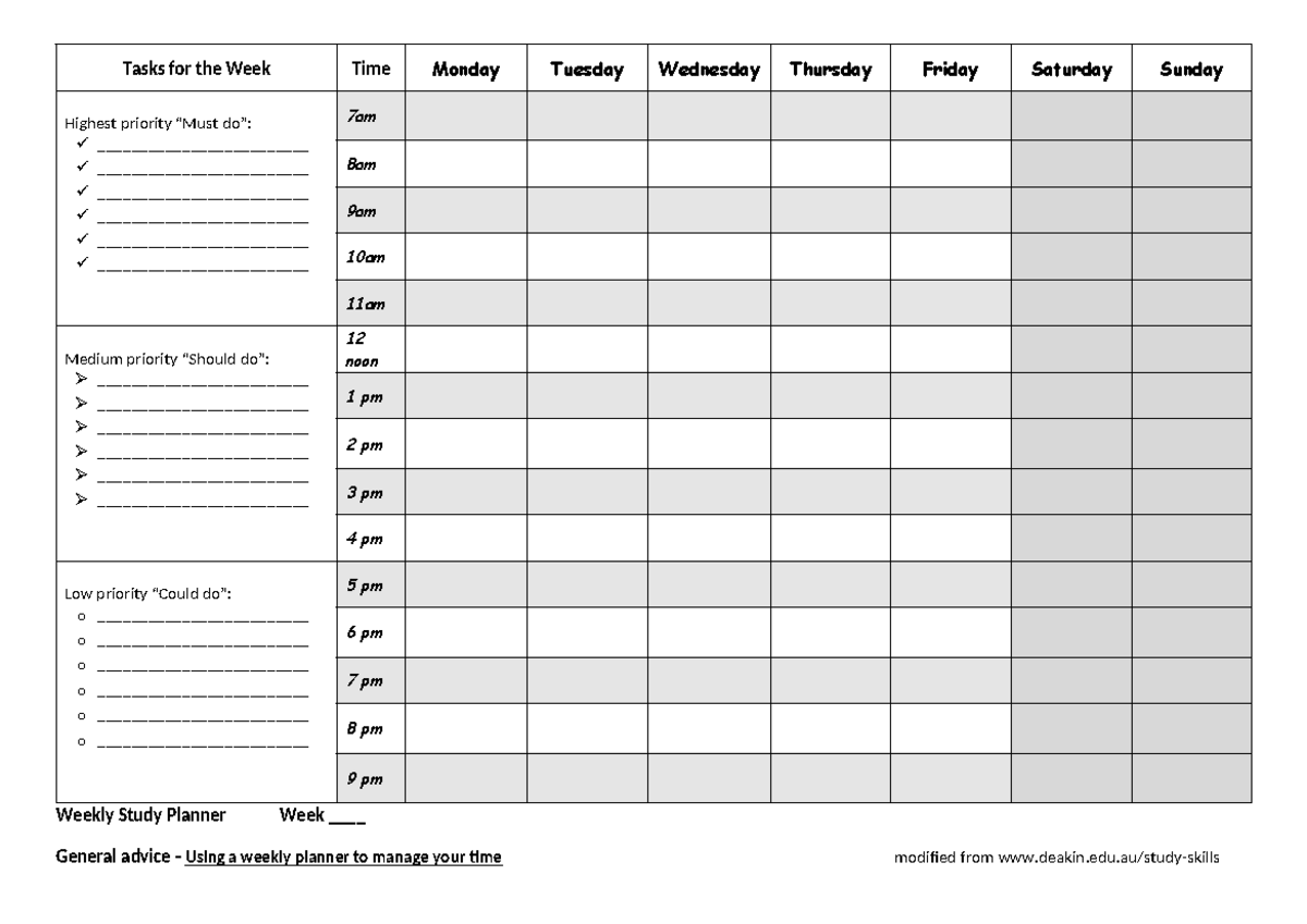 Weekly Planner and advice - Tasks for the Week Time Monday Tuesday ...