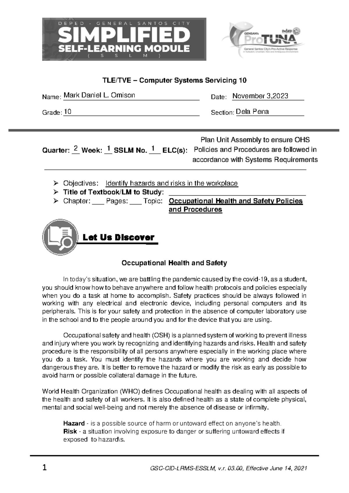 CSS 10 Q2 W1.docx - TLE/TVE – Computer Systems Servicing 10 Name: - Studocu