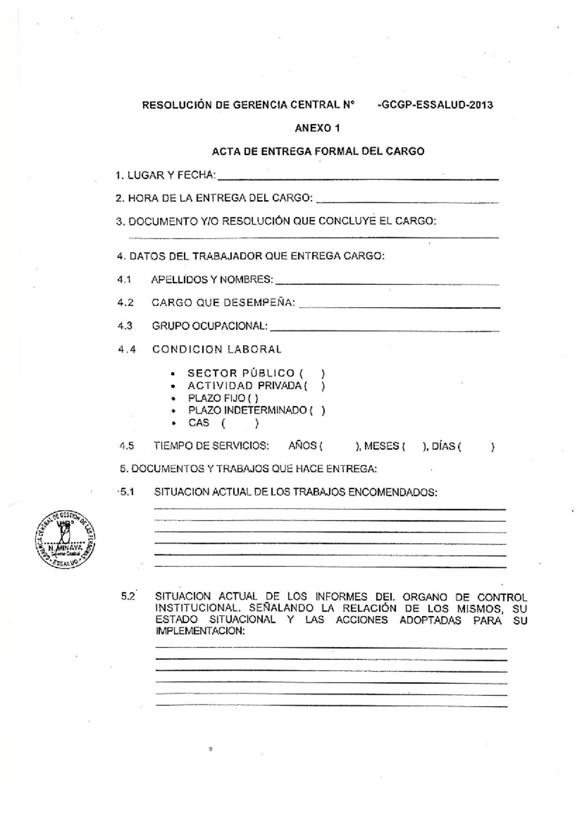 ACTA DE Entrega Formal DE Cargo - RESOLUCIÓN DE GERENCIA CENTRAL N ...
