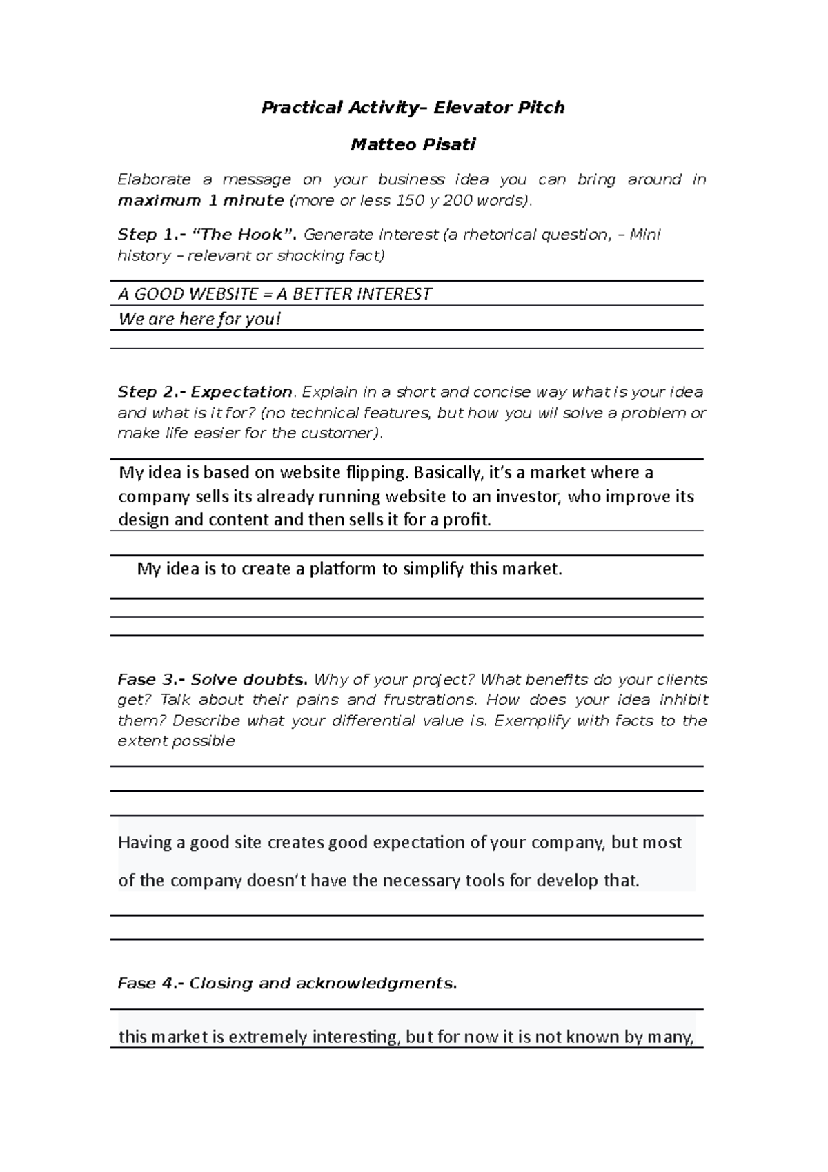 Elevator pitch - template - Practical Activity– Elevator Pitch Matteo ...