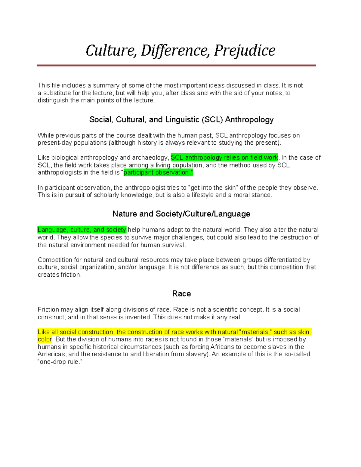 Cultural difference Prejudice ANT100Y1 summary notes - Culture ...