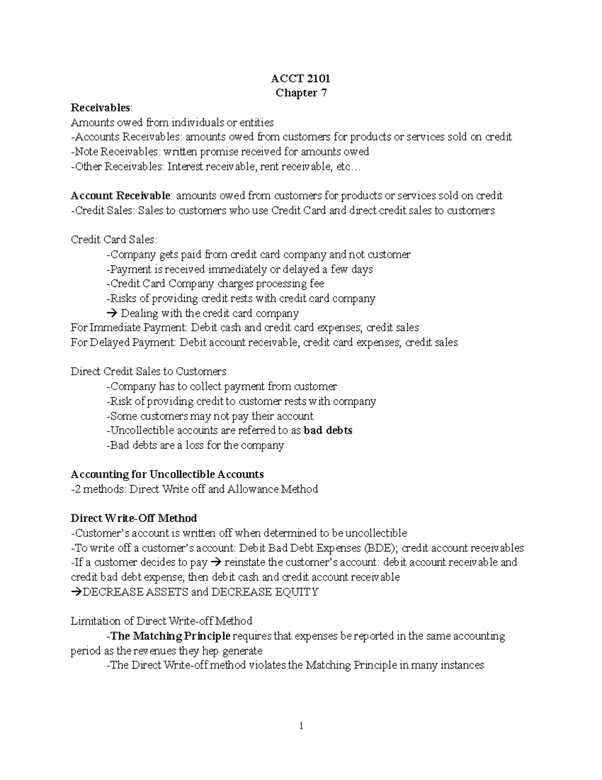 Chapter 7 Note - note 7 - ACCT 2101 Chapter 7 Receivables : Amounts ...