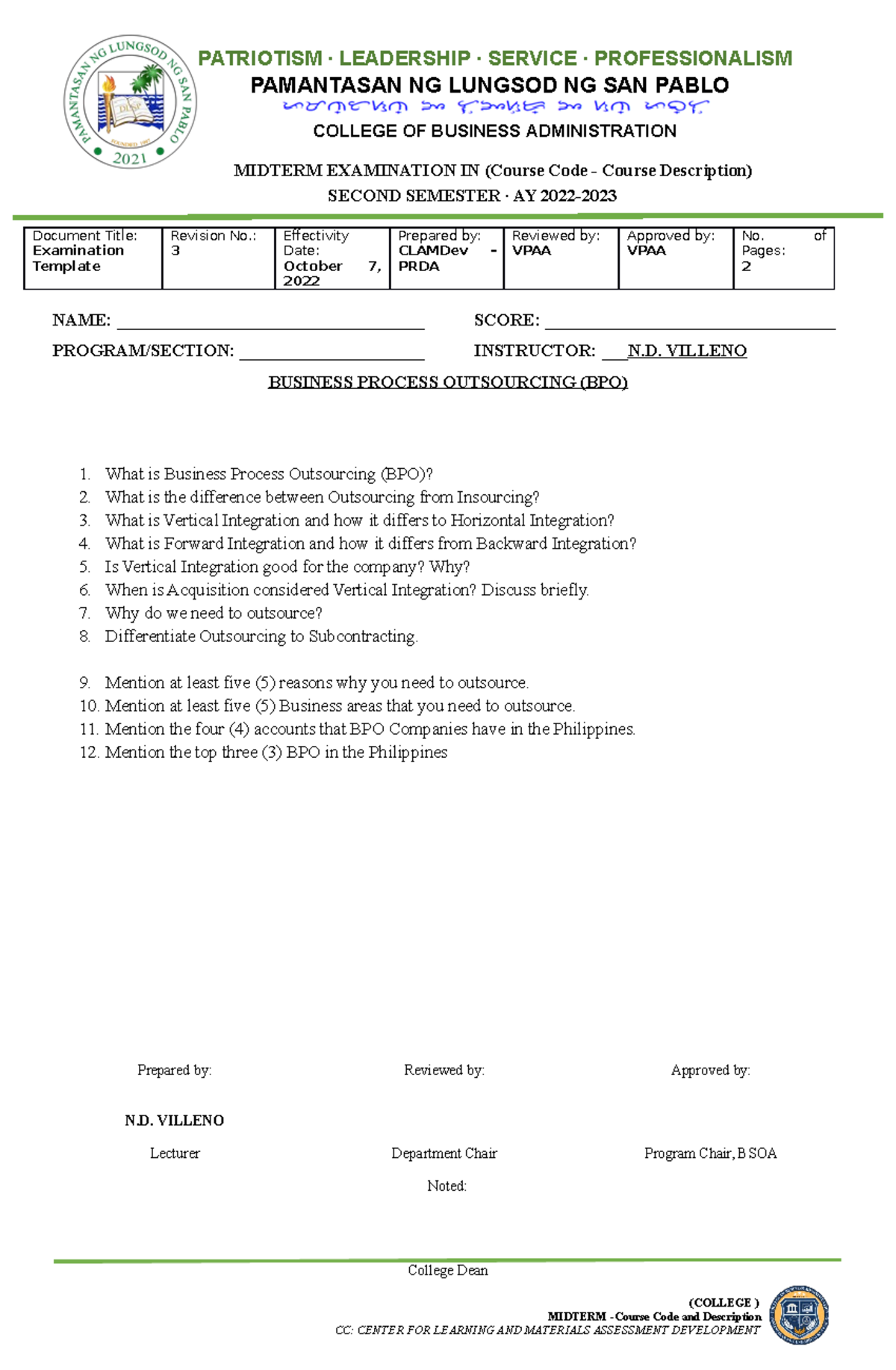 BPO- Midterm- Template - Document Title: Examination Template Revision ...