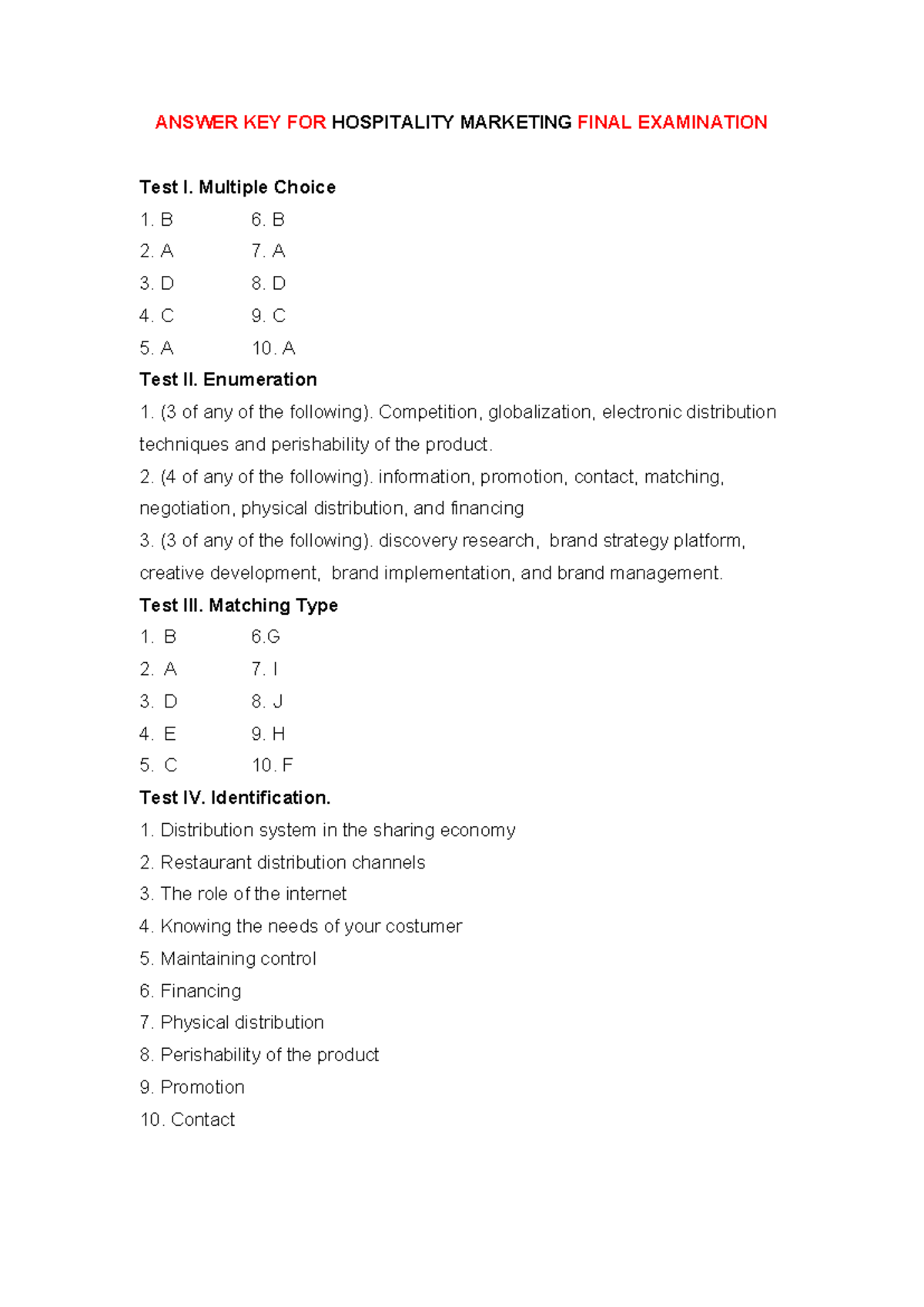 Answer KEY - ANSWER KEY FOR HOSPITALITY MARKETING FINAL EXAMINATION ...