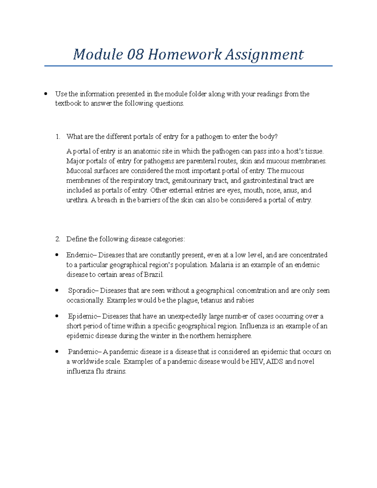 Module 08Homework Microbiology - Module 08 Homework Assignment Use the information presented in ...