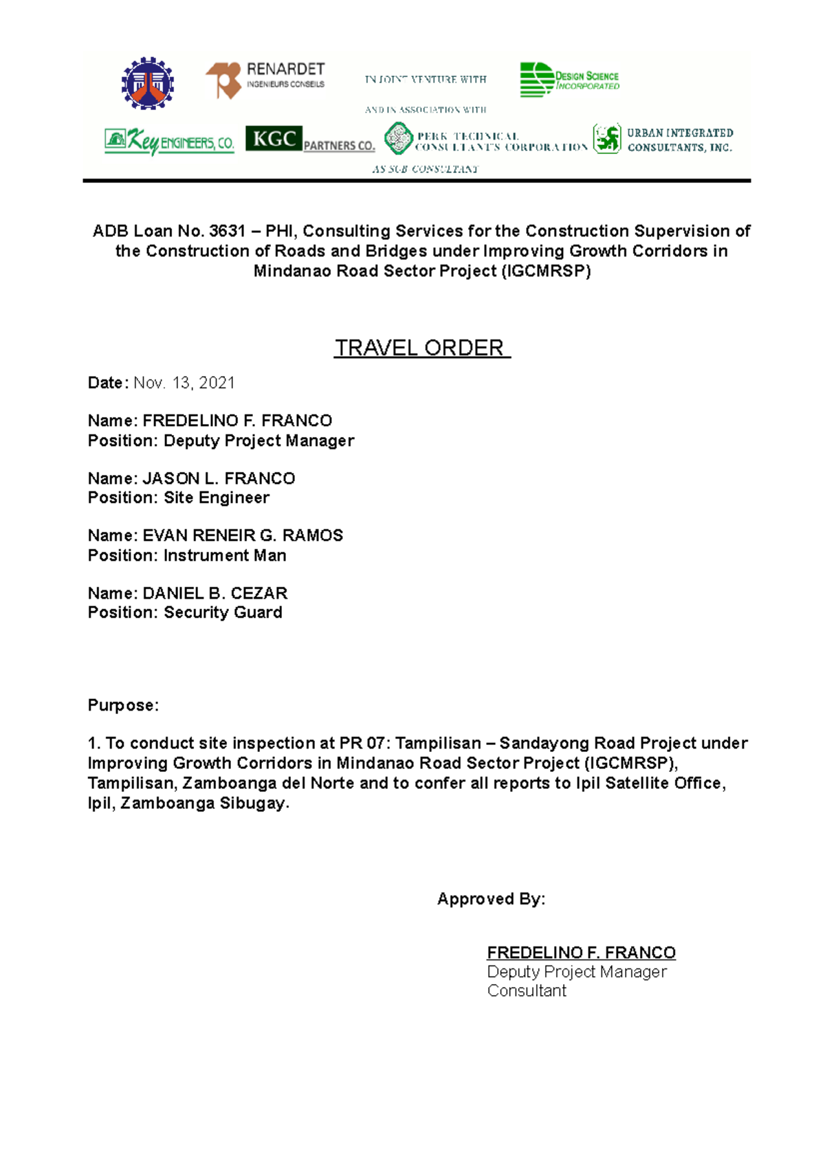 Travel order DPM tampilisan - ADB Loan No. 3631 – PHI, Consulting ...