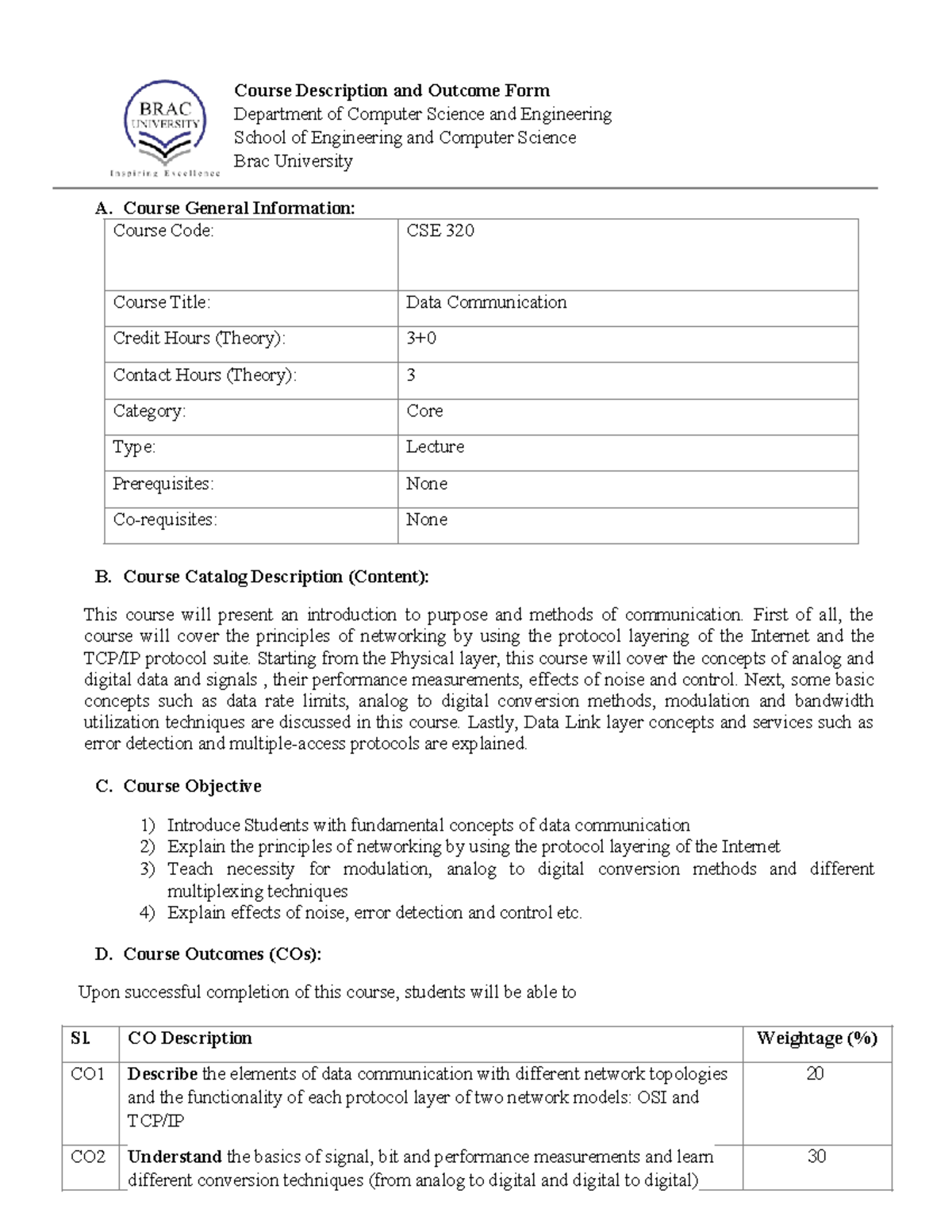 CSE320 Data Communication OBE outline Summer 24 - A. Course General Information: Course Code ...