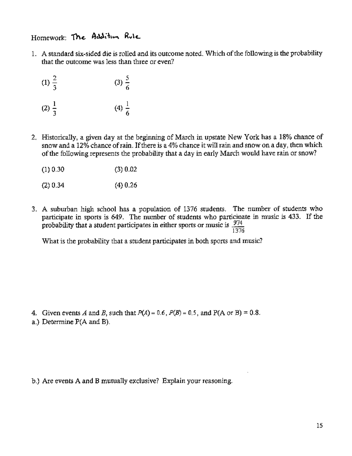 HW Worksheet The Addition Rule - Mathematics in the Modern World - Studocu
