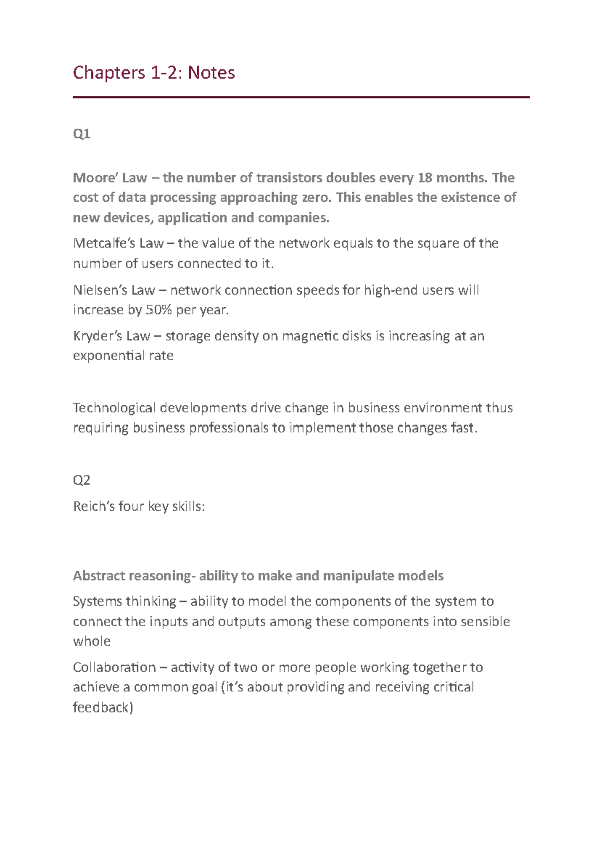 Chapters 1-2 copy - Chapters 1-2: Notes Q Moore’ Law – the number of ...