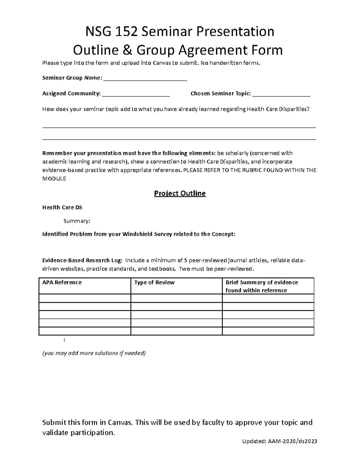 NSG 152 Seminar Presentation Group Agreement Form-2 - Outline & Group ...