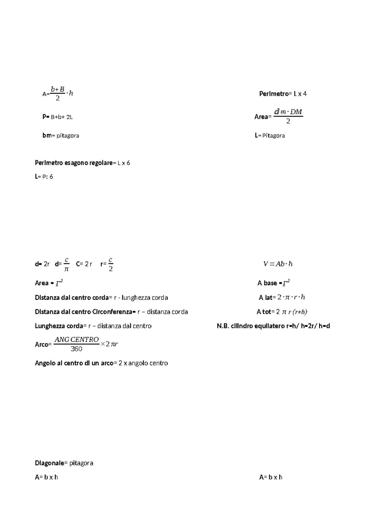 Formule GEOMetriche - A= b+ B 2 ⋅h Perimetro= L x 4 P= B+b+ 2L Area= ⅆ ...