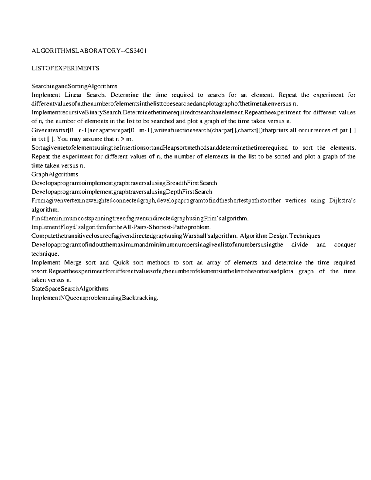 Cs3401 algorithms lab manual final - ALGORITHMSLABORATORY-CS LISTOFEXPERIMENTS - Studocu