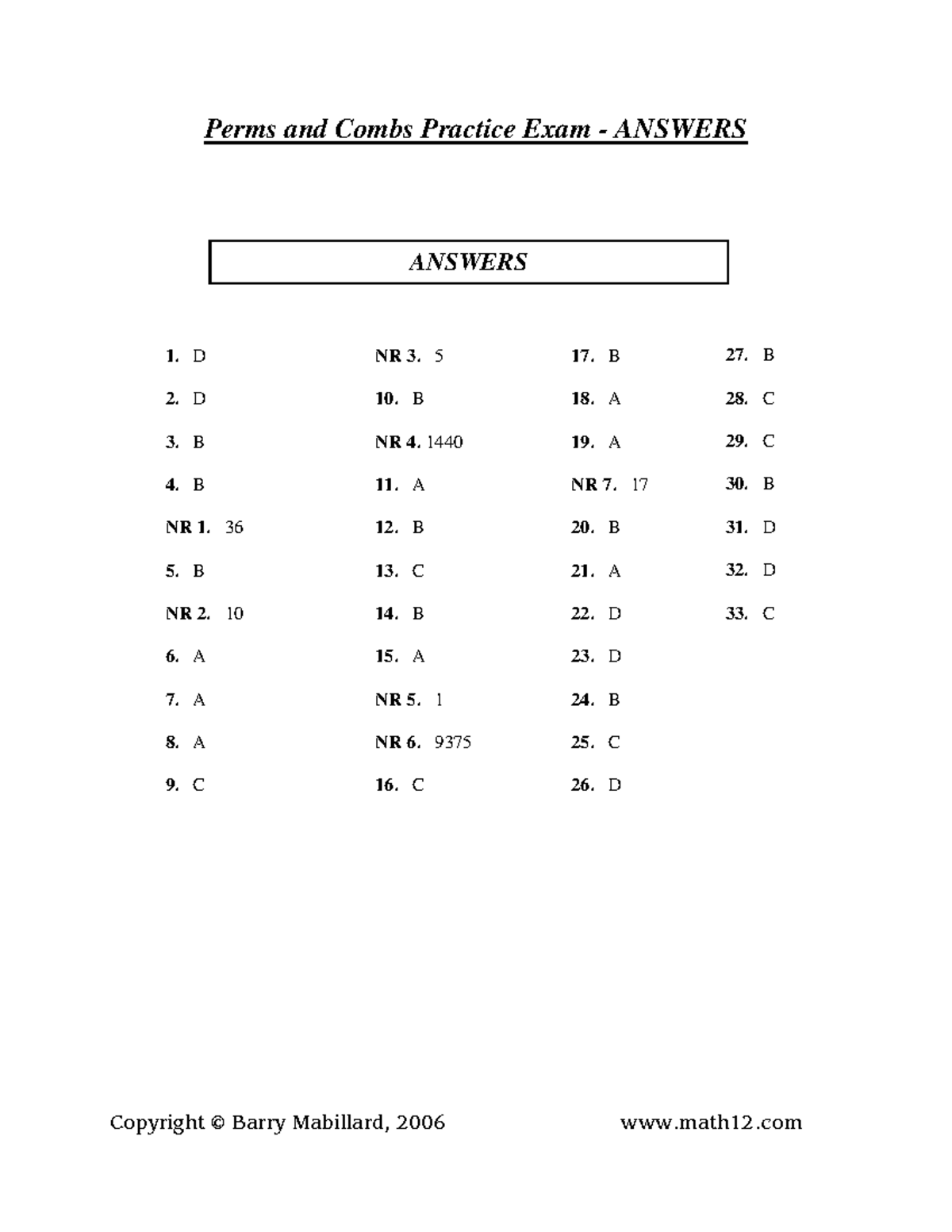 Silo - maths - Perms and Combs Practice Exam - ANSWERS ANSWERS 27. B 28 ...