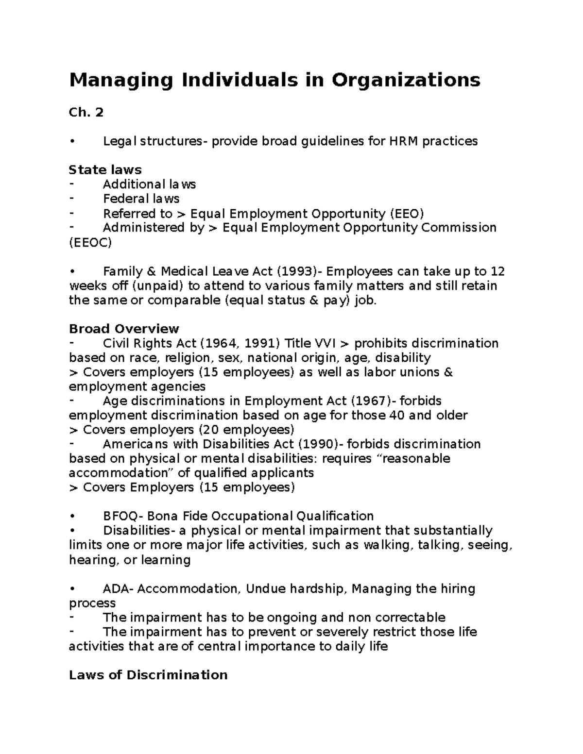 Managing Individuals in Organizations Ch. 2 - 2 Legal structures- provide broad guidelines for ...