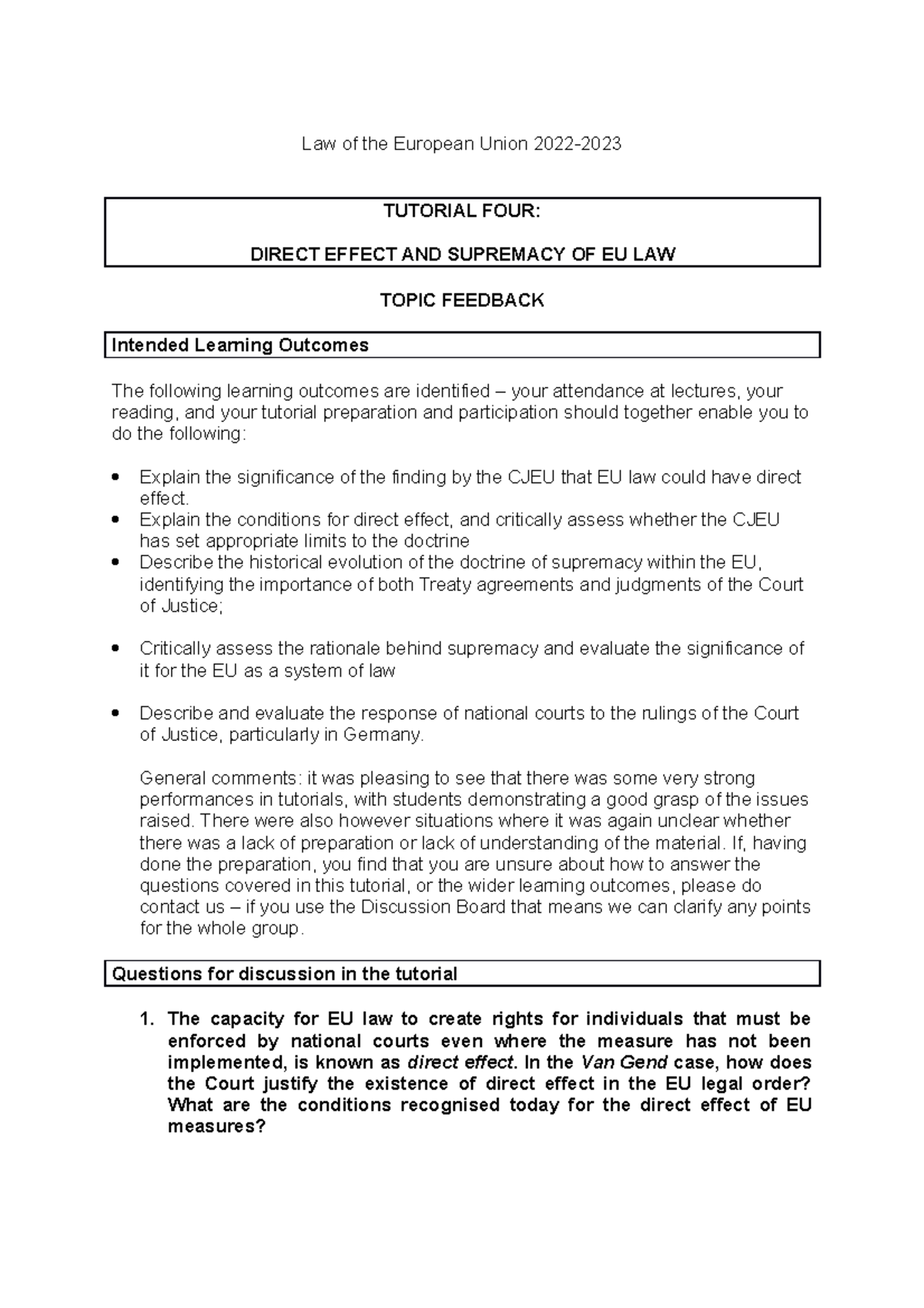 Supremacy feedback - Law of the European Union 2022- TUTORIAL FOUR ...