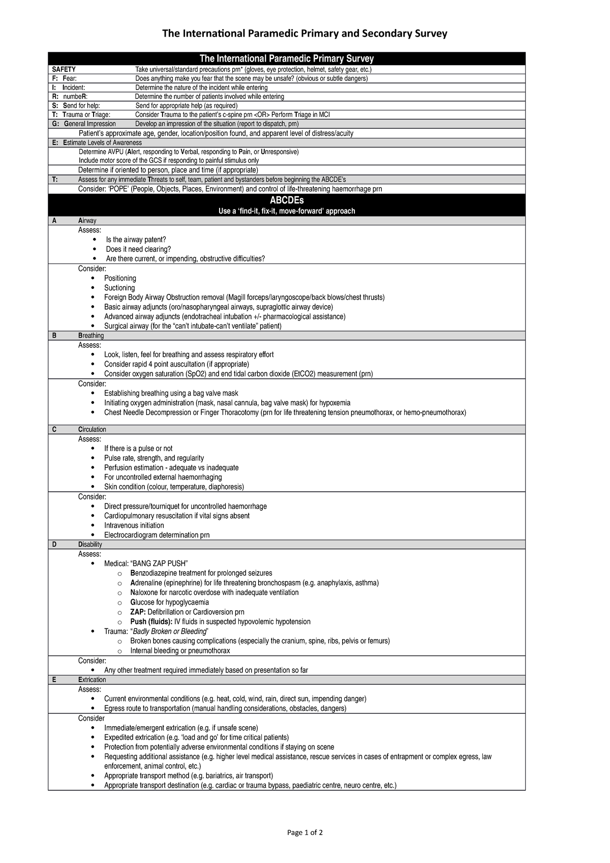 1. International Paramedic Primary and Secondary Survey - ) F: F ear ...