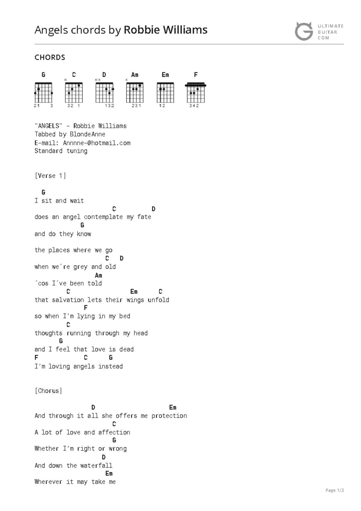 Angels Chords (ver 8) by Robbie Williamstabs @ Ultimate Guitar Archive ...