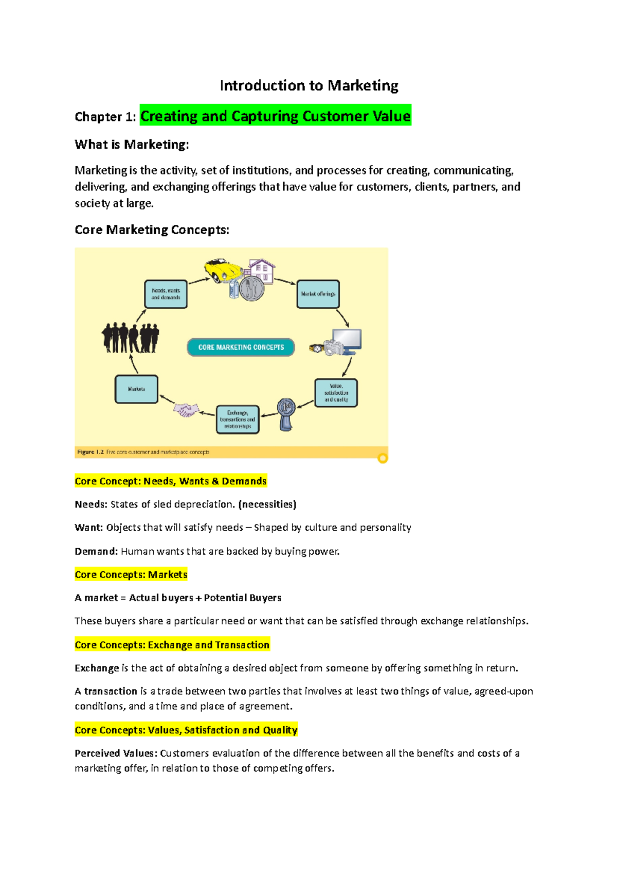 Week 1 - Notes - Introduction to Marketing Chapter 1: Creating and ...