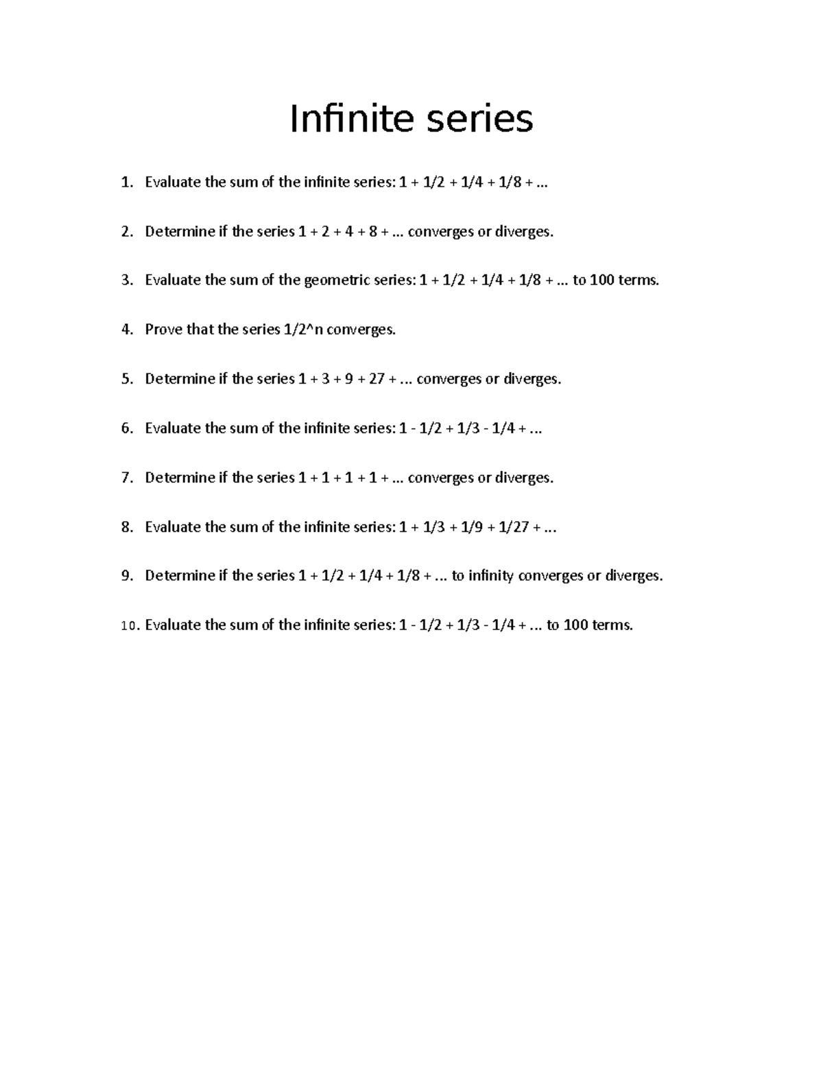 Infinite series - calculus two self-made worksheet - Infinite series ...
