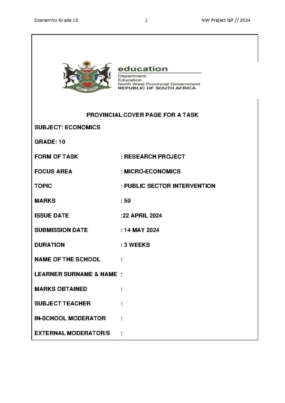 Grade 10 Project QP and Rubric 2024 - PROVINCIAL COVER PAGE FOR A TASK ...