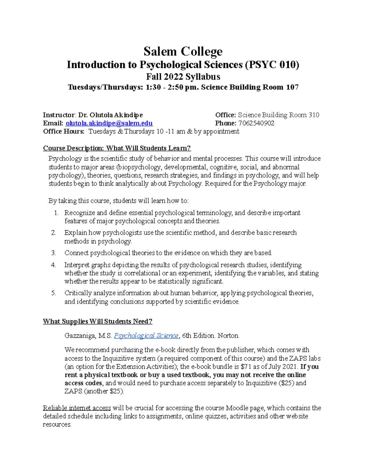 Fall 2022 Psyc 10 Syllabus - Salem College Introduction to Psychological Sciences (PSYC 010 ...