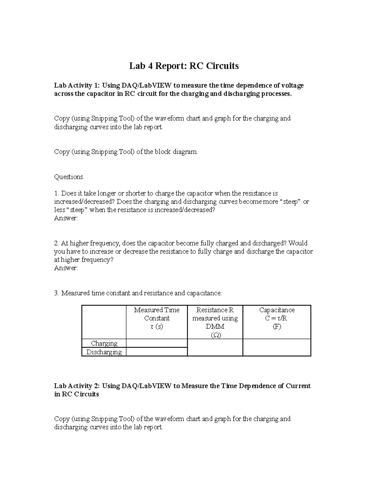 Lab Report 4 RC Circuits - Lab 4 Report: RC Circuits Lab Activity 1: Using DAQ/LabVIEW to ...