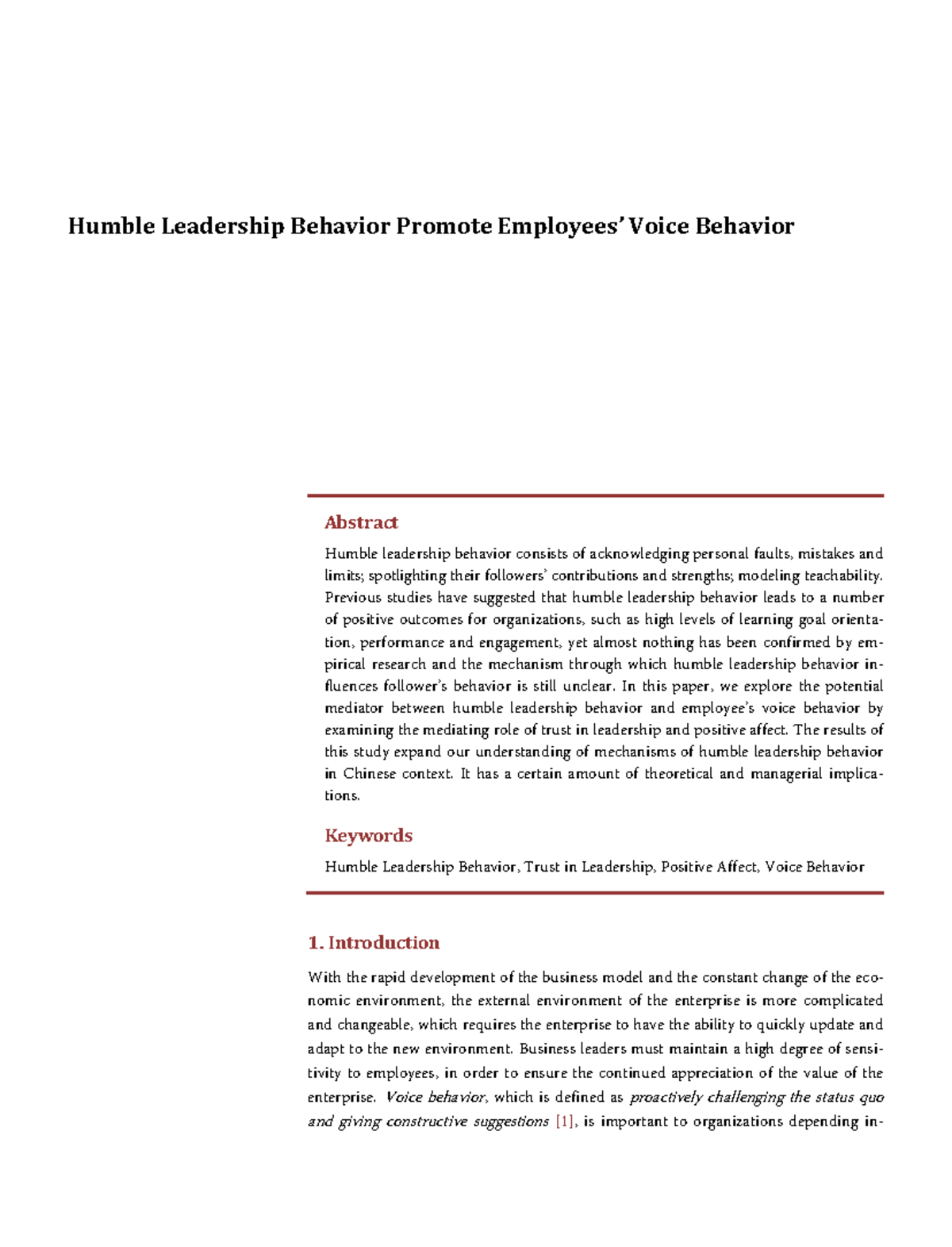 Humble Leadership Behavior Promote Employees’ Voice Behavior - Humble ...