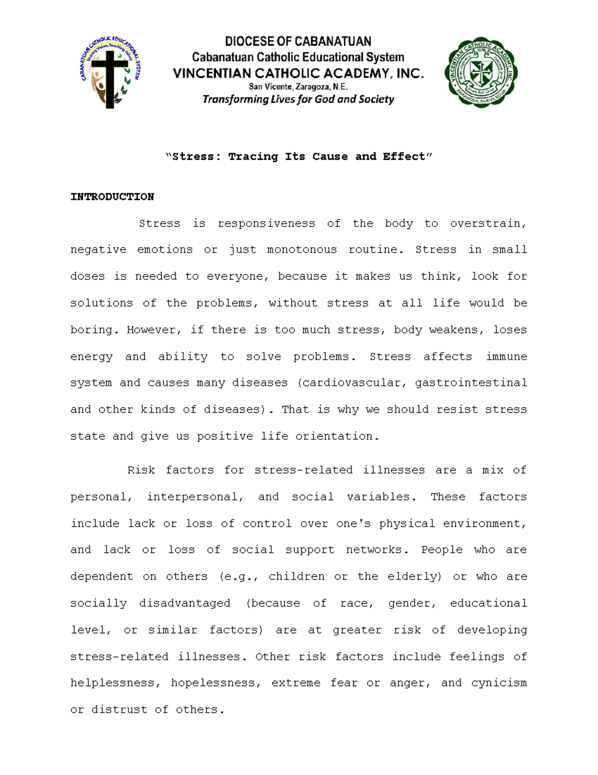 Stress Cause AND Effect kateeeee - “Stress: Tracing Its Cause and ...