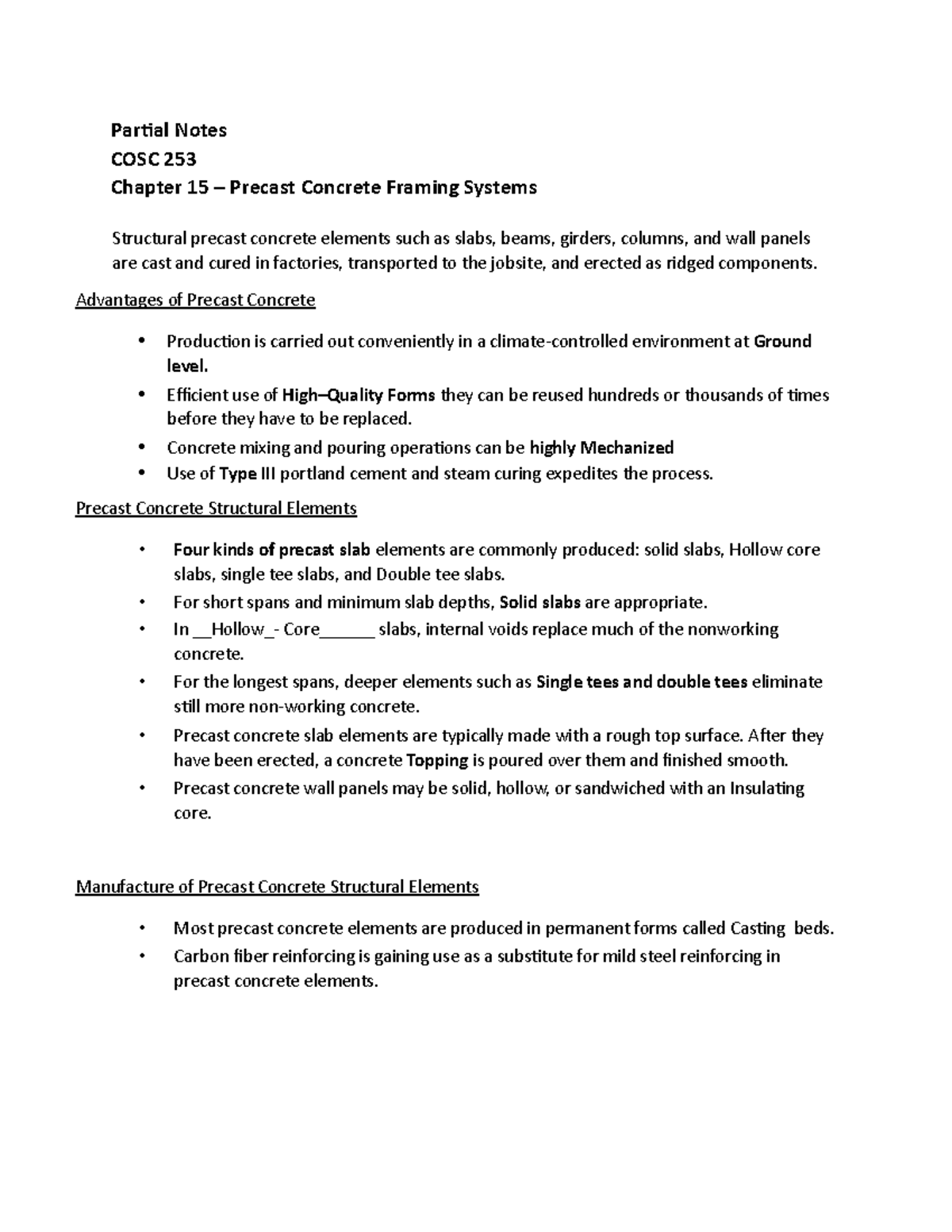 Chapter 15 partial notes - Partial Notes COSC 253 Chapter 15 – Precast ...