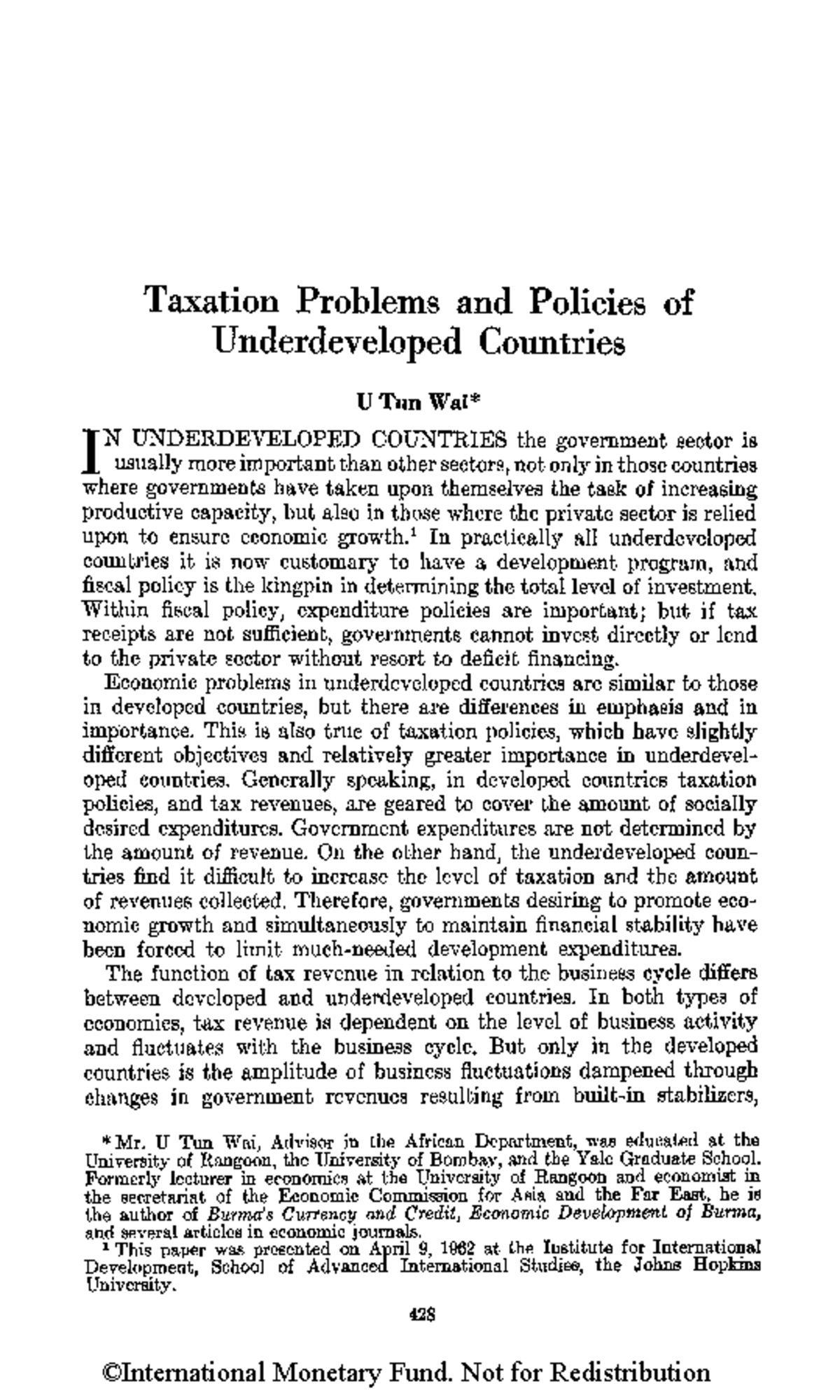 [IMF Staff Papers] Taxation Problems and Policies of Underdeveloped ...
