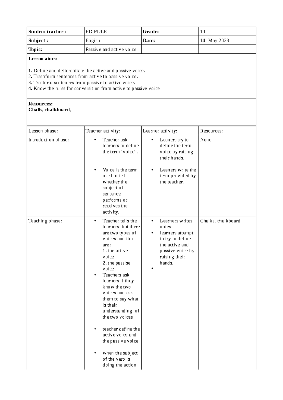 Lesson plan passive and active voices - Student teacher : ED PULE Grade ...