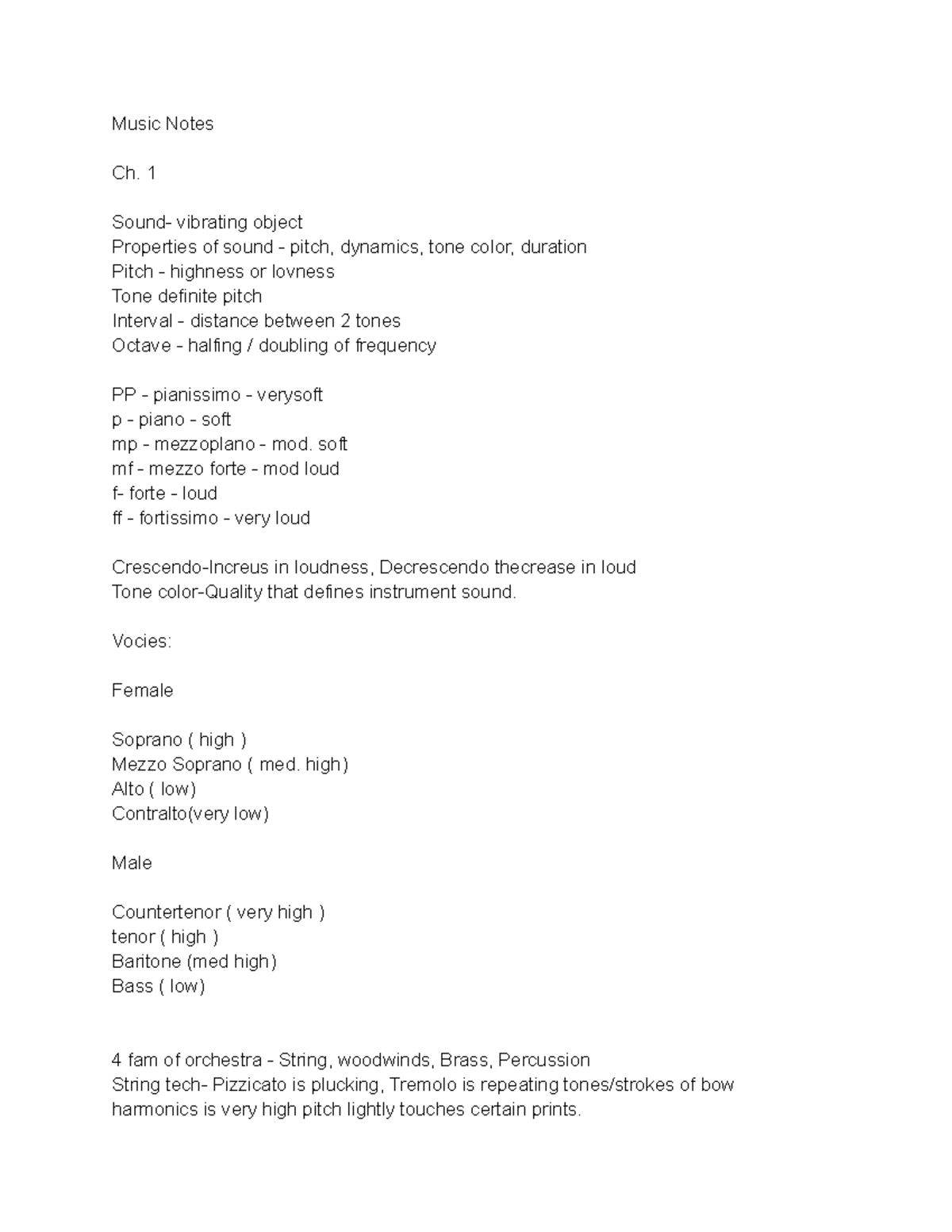 Music notes 1 - Music Notes Ch. 1 Sound- vibrating object Properties of ...