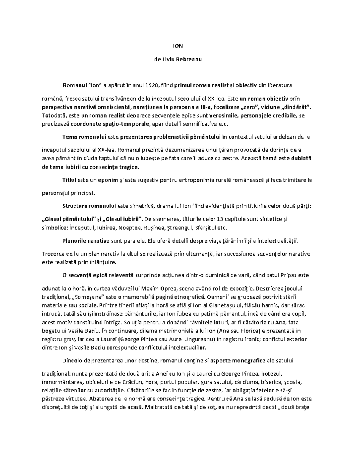 ION - sasasa - ION de Liviu Rebreanu Romanul “Ion” a apărut în anul ...