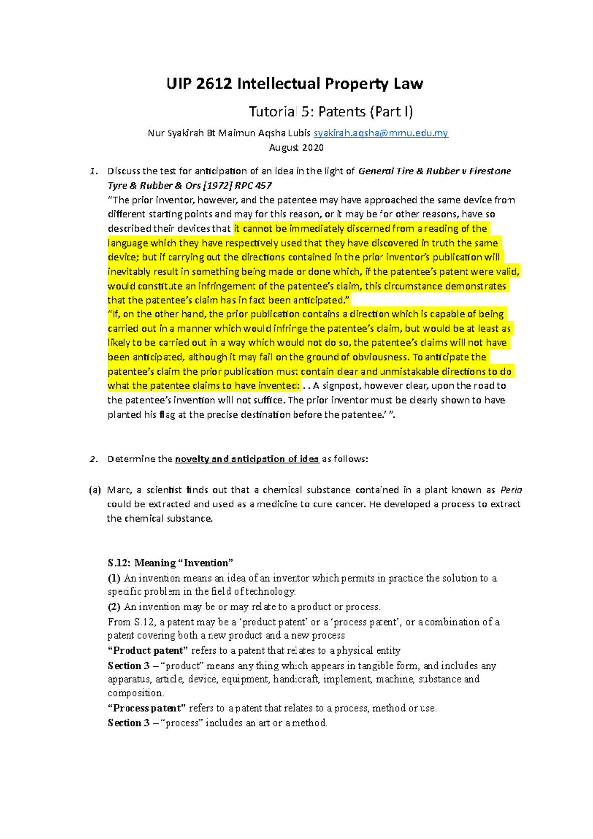 IP Tutorial 5 - hope this help u - UIP 2612 Intellectual Property Law ...