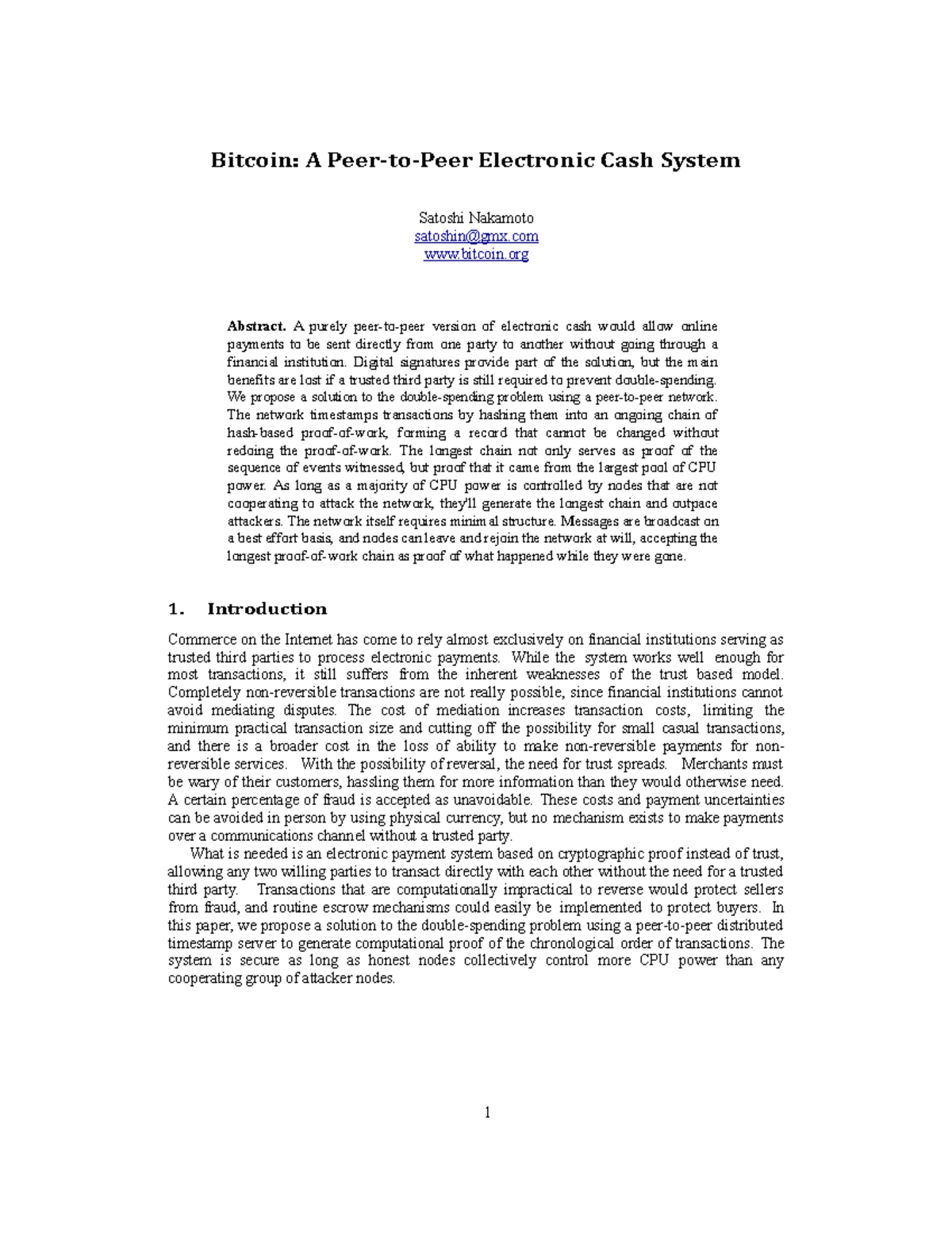 Bitcoin - 1 Bitcoin: A Peer-to-Peer Electronic Cash System Satoshi ...