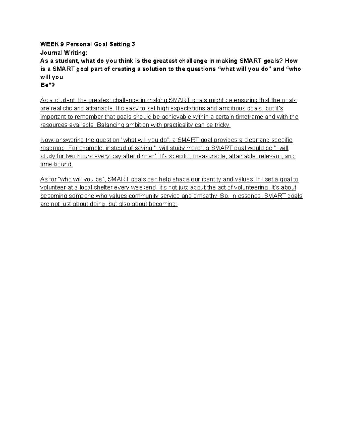 WEEK 9 Personal Goal Setting 3 - WEEK 9 Personal Goal Setting 3 Journal ...