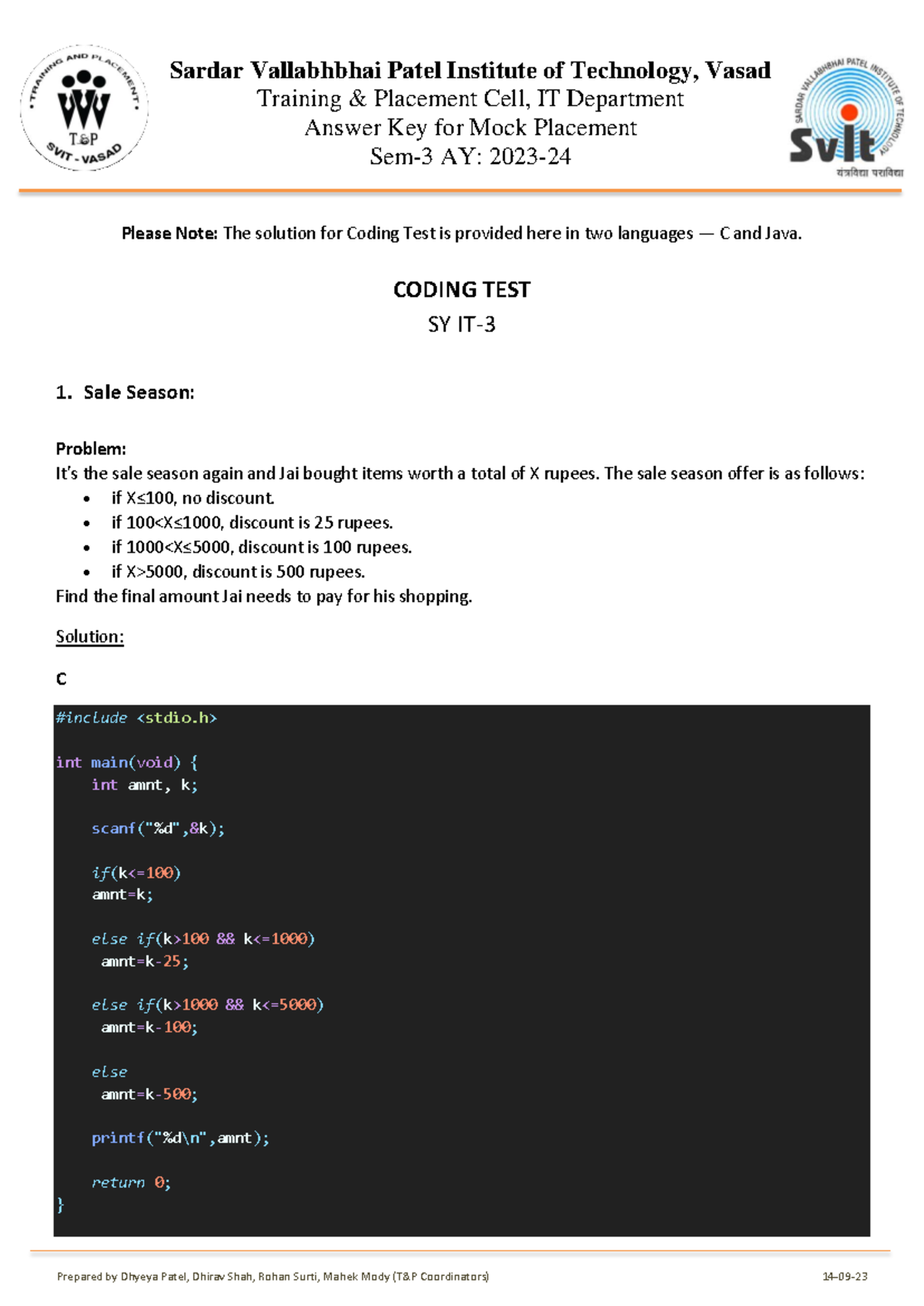 Coding Solutions Sy It 3 Sardar Vallabhbhai Patel Institute Of Technology Vasad Training