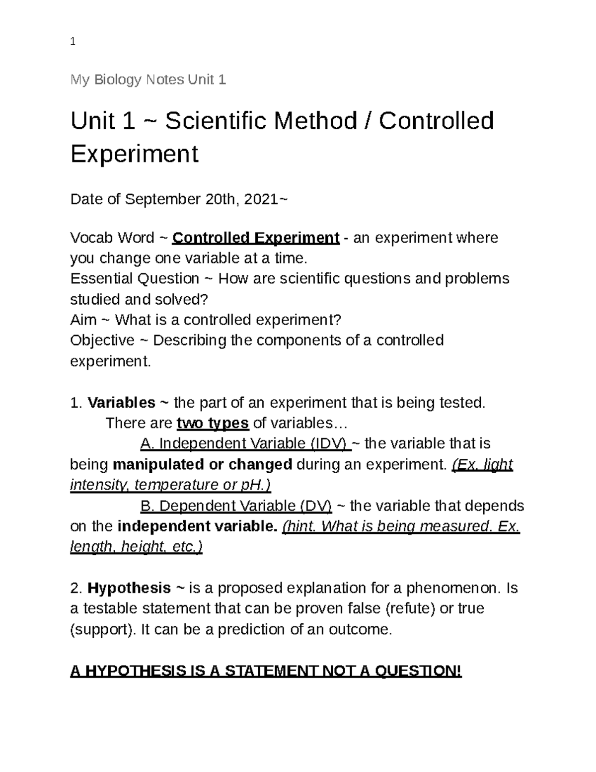 Biology Notes Unit 1 - Essential Question ~ How are scientific ...