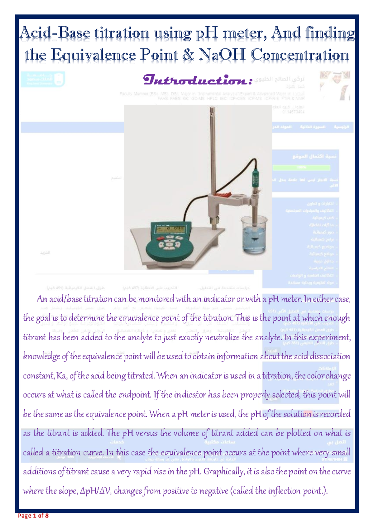 Acid-base titration using ph meter and finding the equivalence point ...